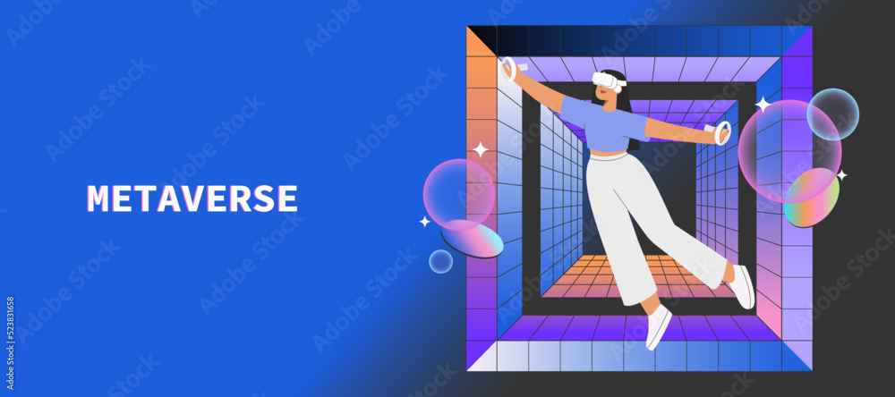Metaverse entertainment. Flat vector illustration with woman wearing ...