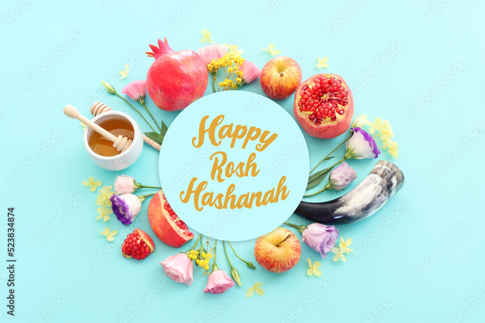 Rosh hashanah (jewish New Year holiday) concept. Traditional symbols ...