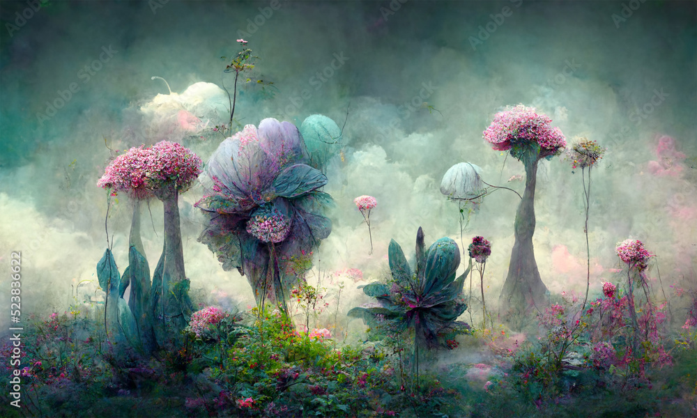 dreamy surreal fantasy flowers landscape, pastel colours, desaturated ...