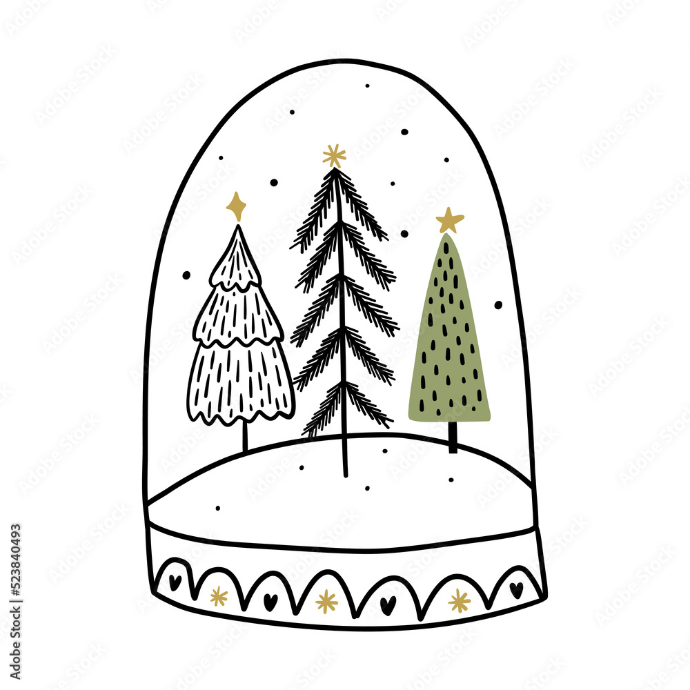 Snowglobe hand drawn Christmas holidays illustration in line art sketch ...
