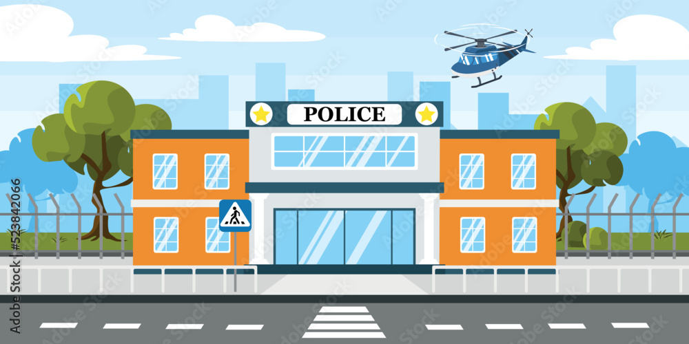 Vector illustration of modern police station. Cartoon urban buildings ...