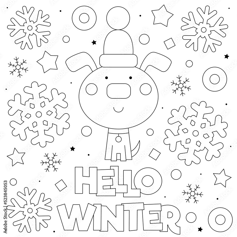 Hello Winter. Coloring page. Black and white vector illustration. Stock ...