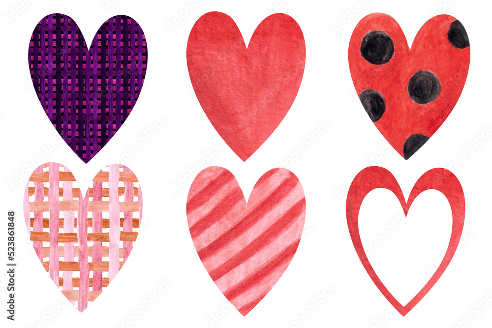 Set of watercolor hand drawn heart shaped elements for print and web ...