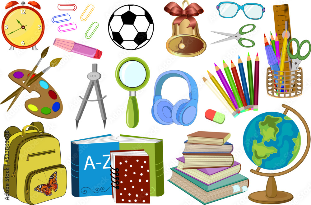 Vector set of school supplies.School supplies and accessories on a ...
