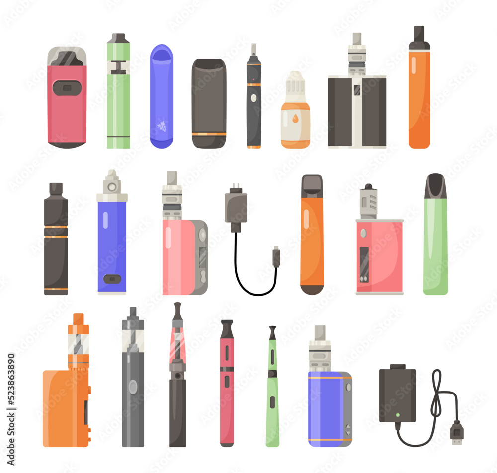 Different types of e-cigarettes vector illustrations set. Accessories ...