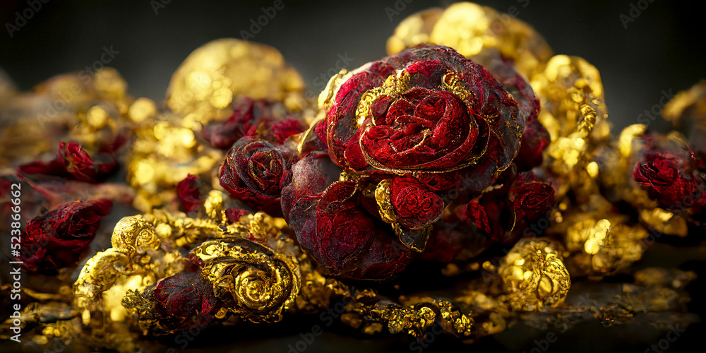 Vintage Background with Deep Red Rose and Petals Covered with Gold Dust ...