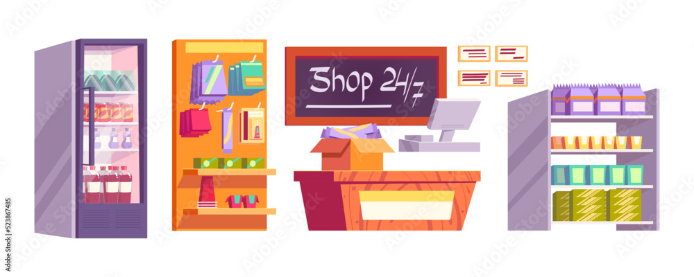 Convenience shop interior cartoon illustration set. Empty minimarket or ...