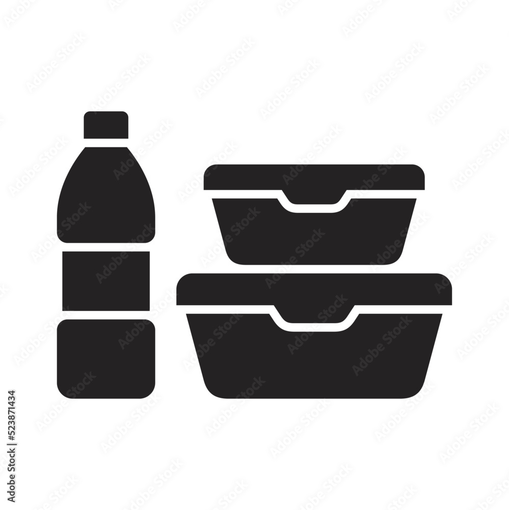 Lunch box icon. Lunch box with food and bottle of water. Meal prep ...