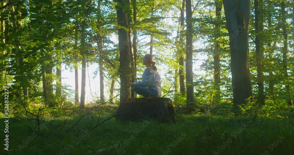 Woman meditate sitting in dense forest. Breathing exercises to restore ...