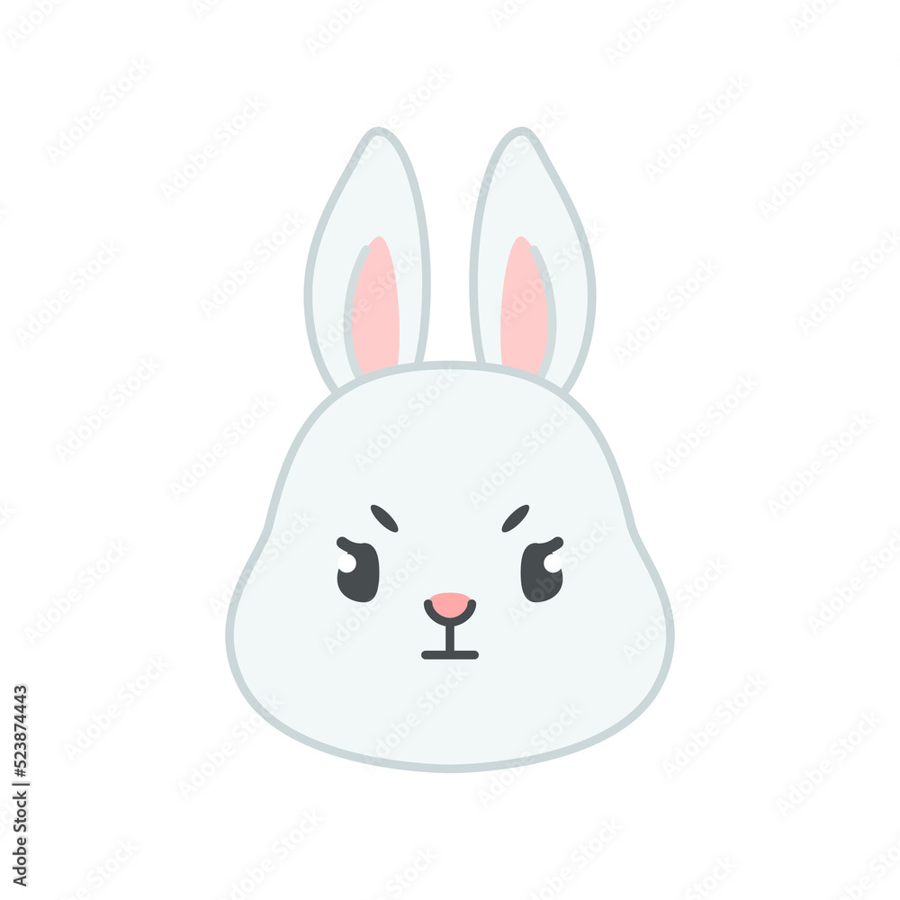 Cute grumpy bunny face. Flat cartoon illustration of a funny little ...