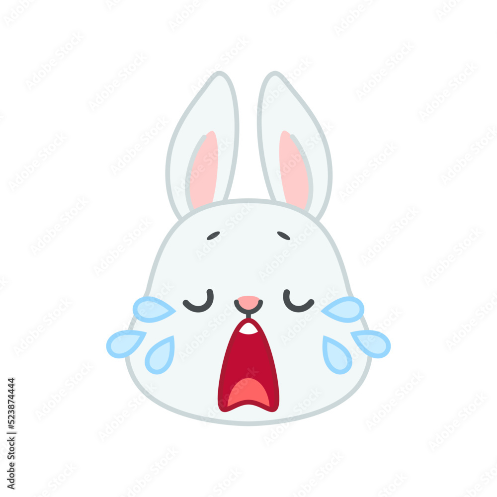 Cute crying bunny face. Flat cartoon illustration of a funny little ...