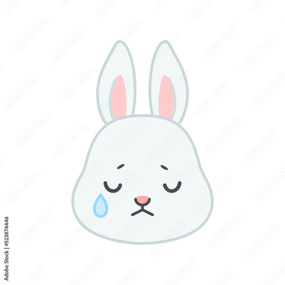 Cute crying bunny face. Flat cartoon illustration of a little gray sad ...