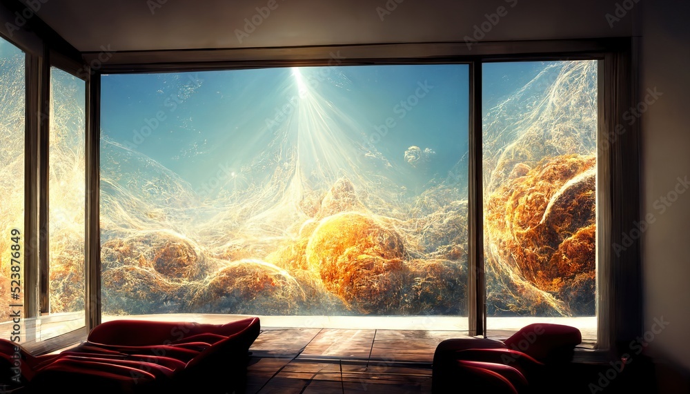 A 3D illustration of a cosmos cloud with a planet from the spaceship ...