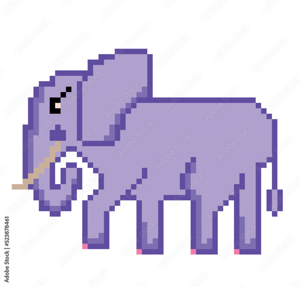 Pixel style fashion elephant isolated vector illustration. Cartoon ...