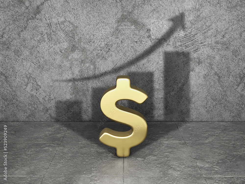 Dollar sign cast shadow in form of silhouette growth chart. 3d ...