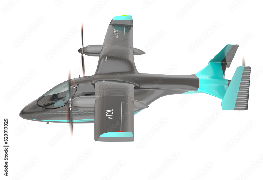 Side view of Electric VTOL passenger aircraft flying on white ...