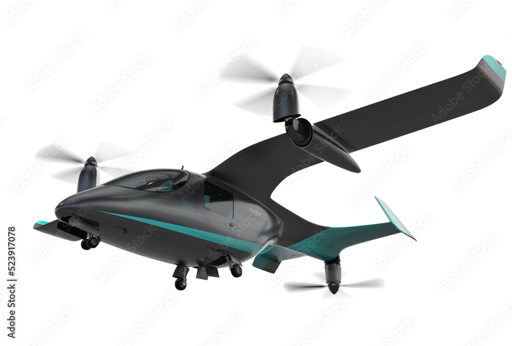 Electric VTOL passenger aircraft taking off on white background. 3D ...
