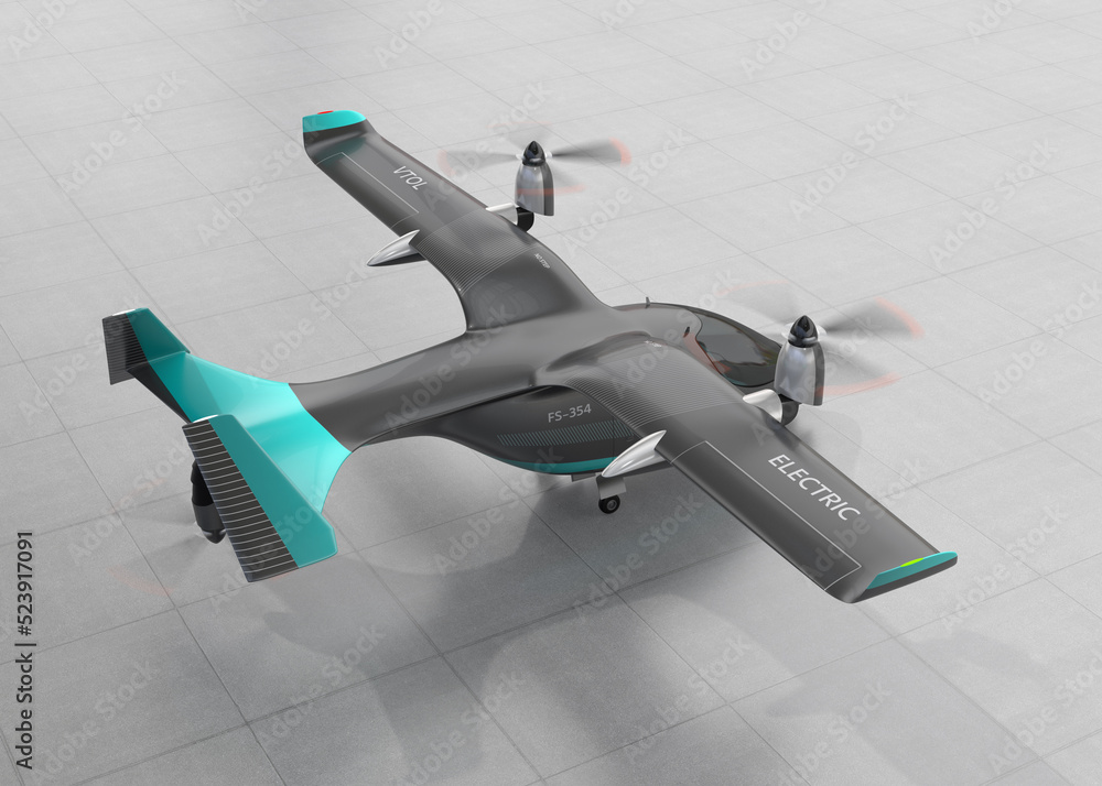 Electric VTOL passenger aircraft prepare to takeoff on the ground ...