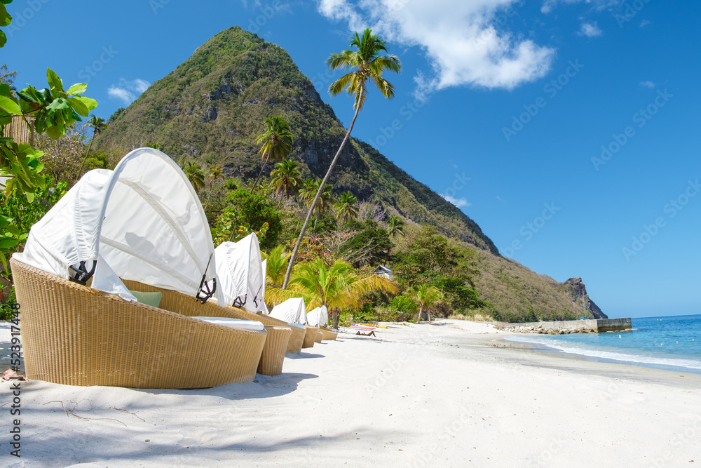 Poster Sugar beach Saint Lucia, is a public white tropical beach with ...