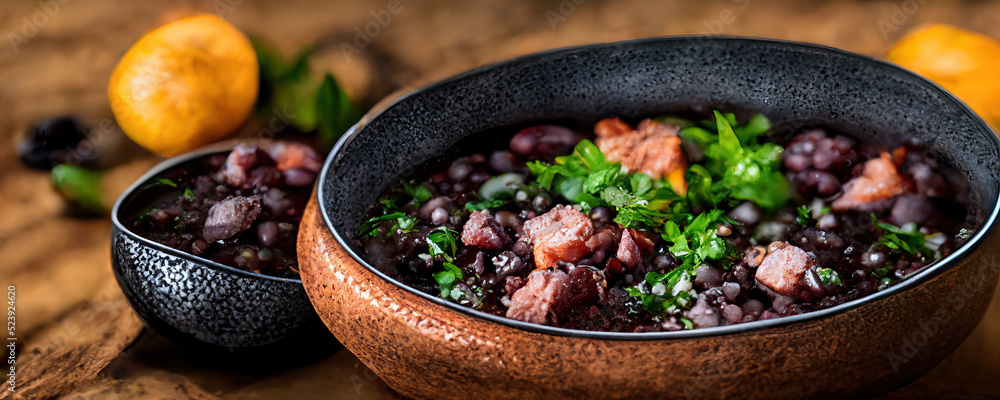 Detail of feijoada with black beans with pepperoni bacon and jerky ...