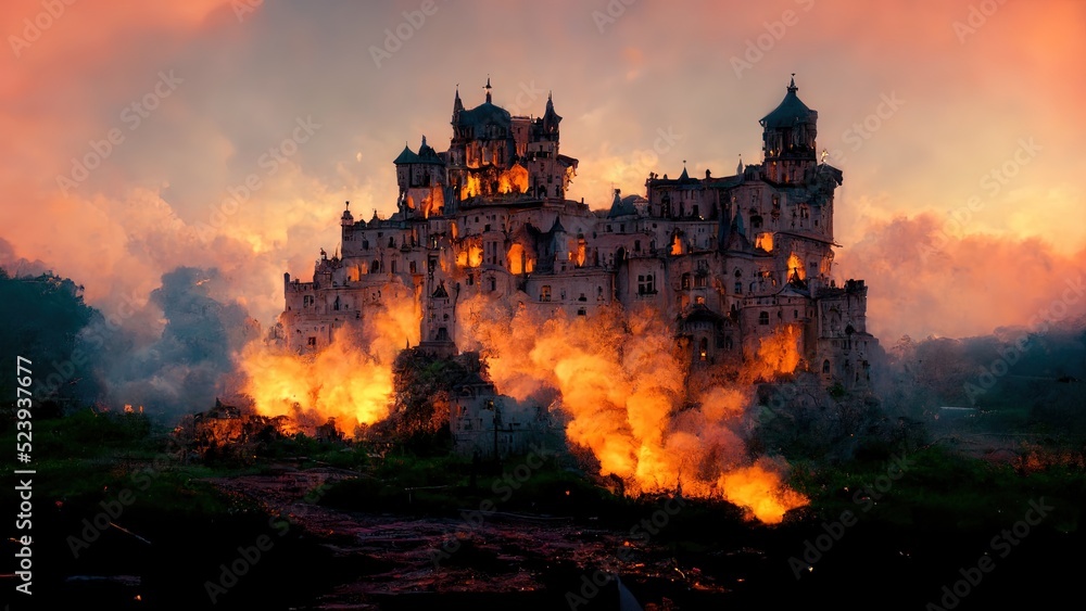 Magical Fantasy Castle Burning Down To The Ground In Flames, Digital ...