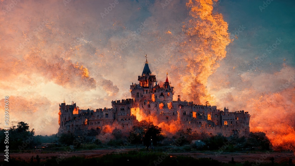 Magical Fantasy Castle Burning Down To The Ground In Flames, Digital Illustration, Fairy Tale AI ...