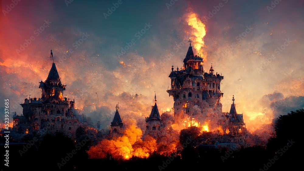 Magical Fantasy Castle Burning Down To The Ground In Flames, Digital ...