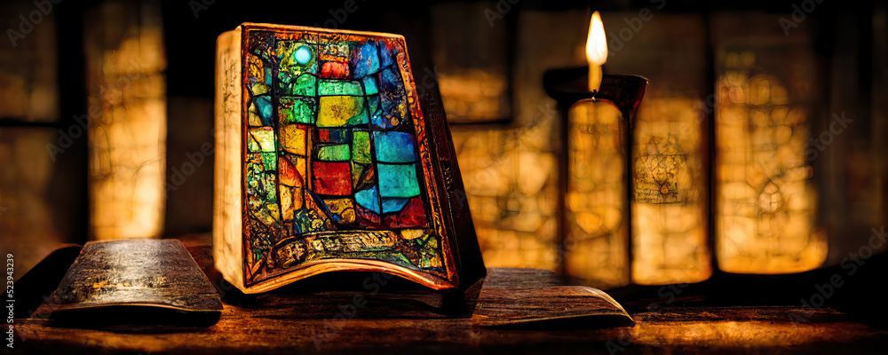 Church pulpit with a bible and stained glass windows in the background ...