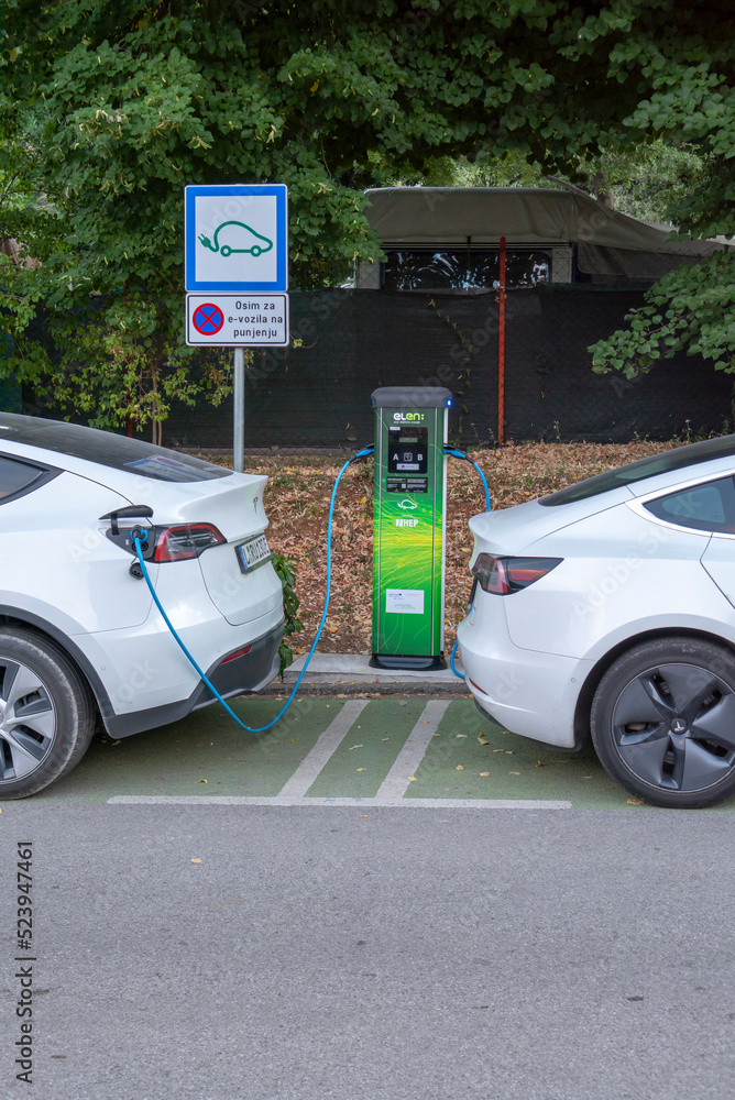 Moscenicka Draga, Croatia - August, 11, 2022 : Two white Tesla cars ...