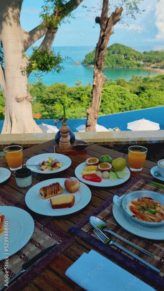 Breakfast on the beach in Thailand, a Luxury breakfast table with food ...