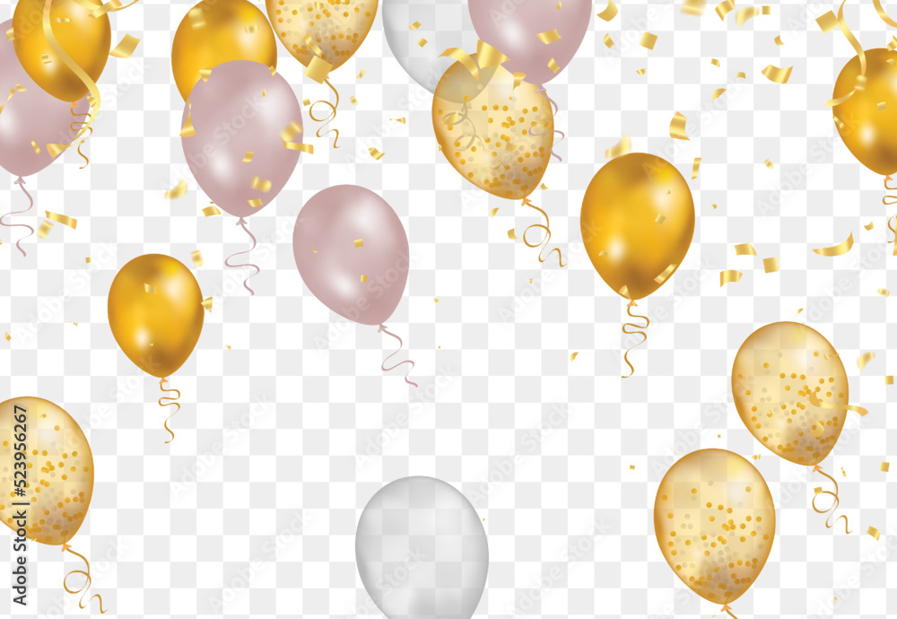 balloons with gold isolated on translucent background with reflection ...