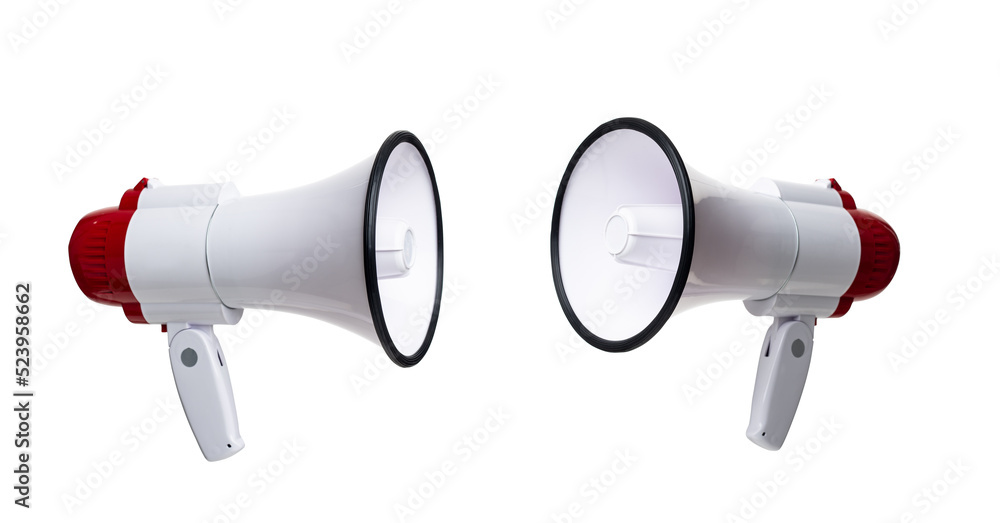 Red and white megaphone isolated on white background with clipping path ...