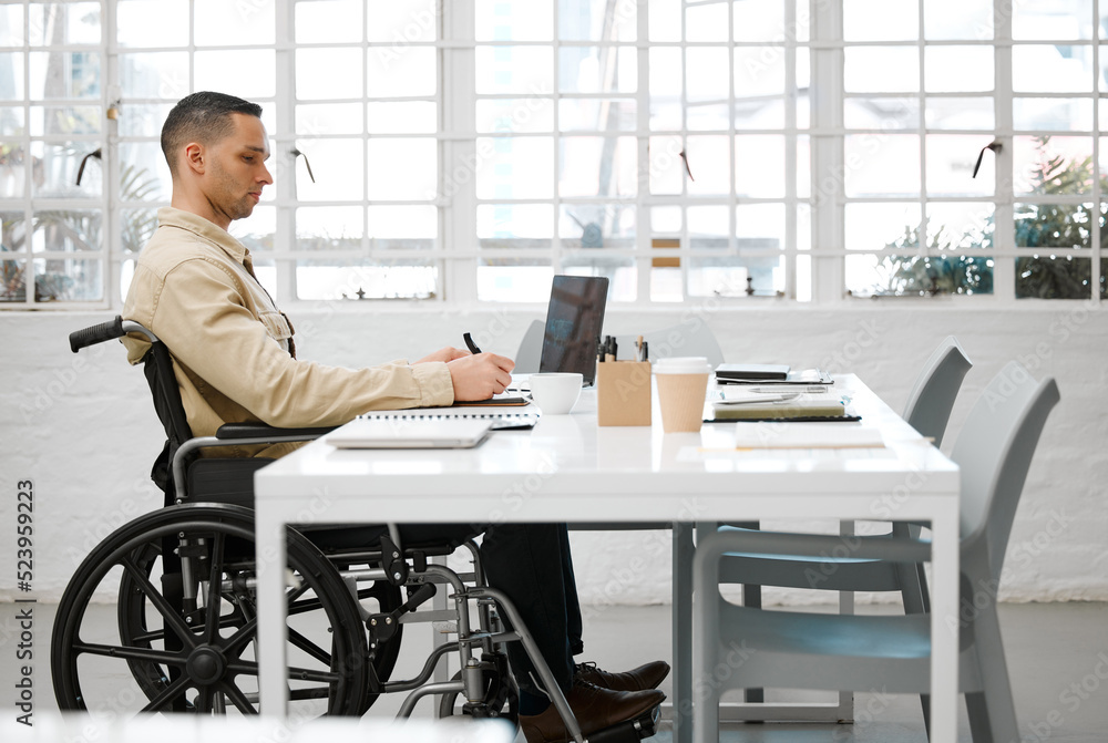 Foto de Wheelchair, disabled and handicap business man working ...