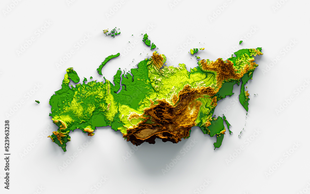 Russia Map Shaded relief Color Height map on the sea Blue Background 3d ...
