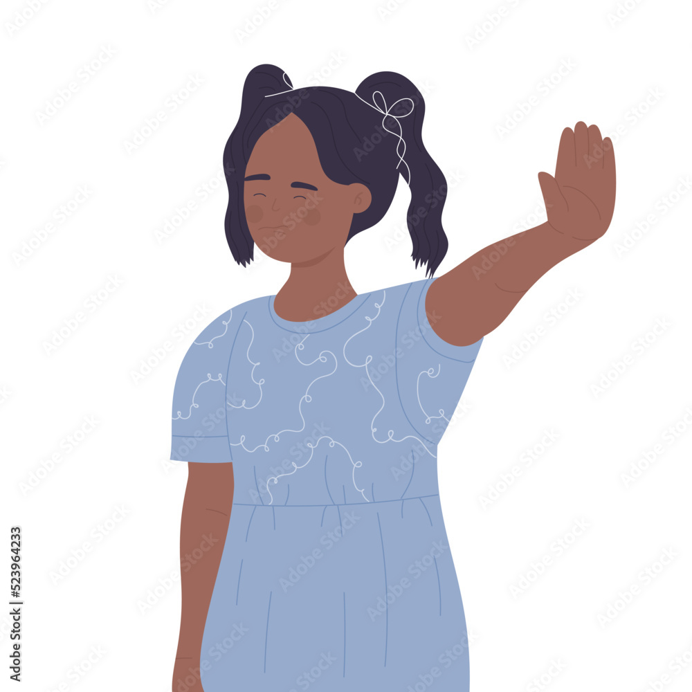 Little girl in stop warning pose. Rejection reaction and aggressive ...