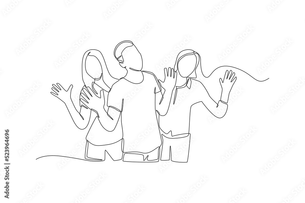 Continuous one line drawing happy people group with hands up standing ...