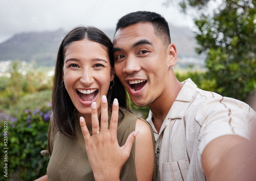 Engagement, ring and celebration with a young couple announcing their ...