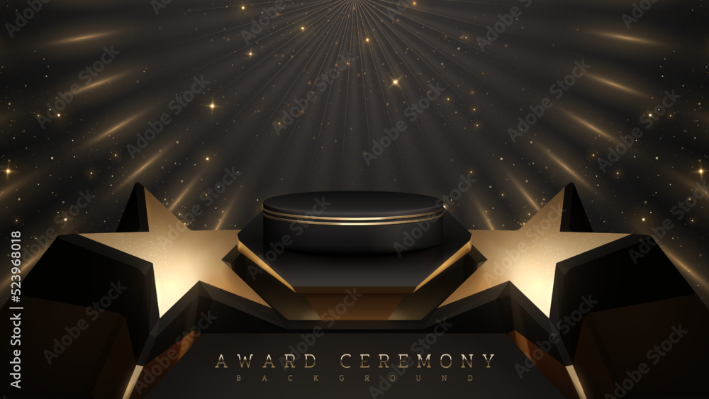 Product Display Podium And 3d Golden Star On Black Luxury Background