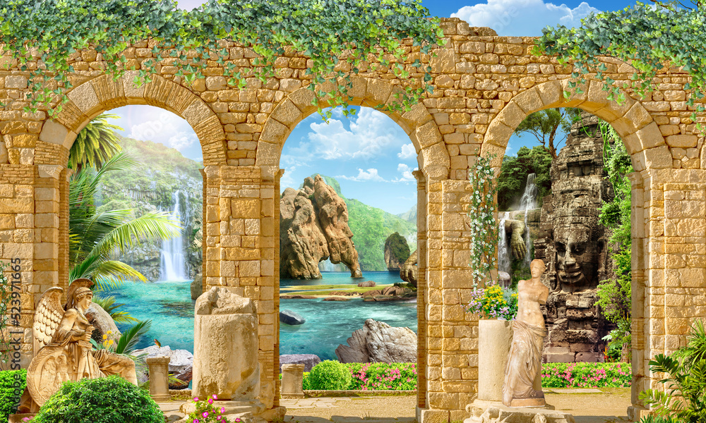 Ancient arches with statues and seascape. Photo wallpapers. Digital ...