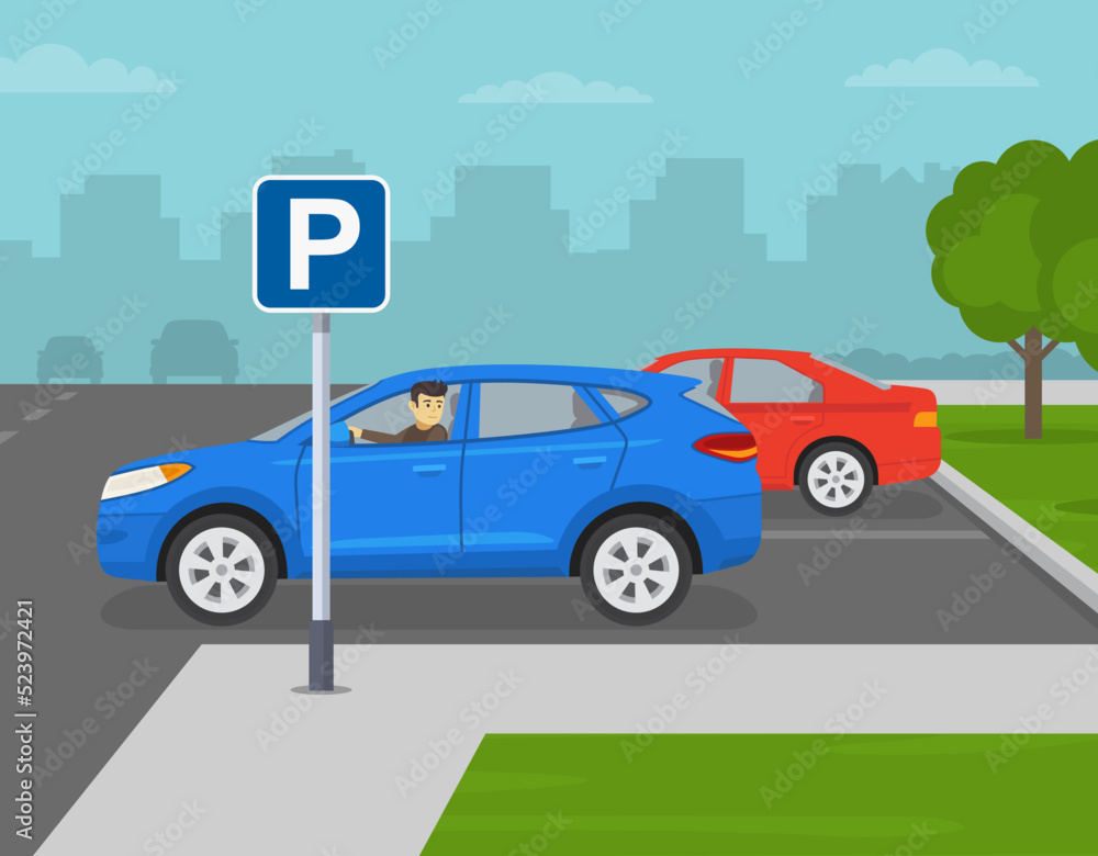 Car driving tips and outdoor parking rules. Young male driver is ...