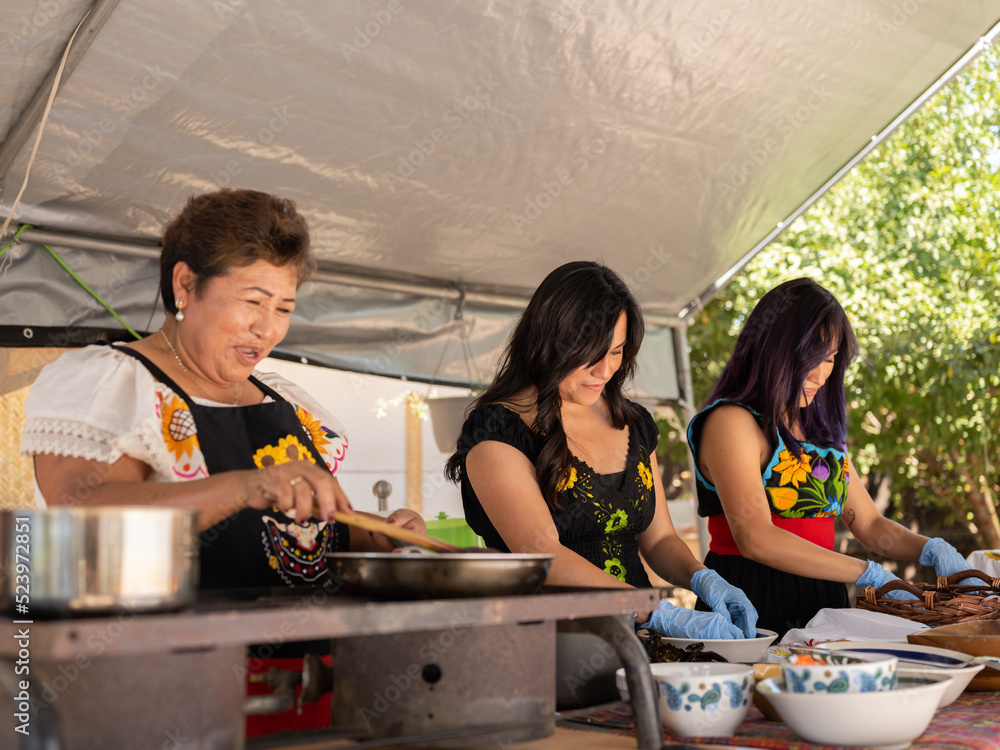 Horizontal image of an Indigenous family cooking on a stovetop and ...