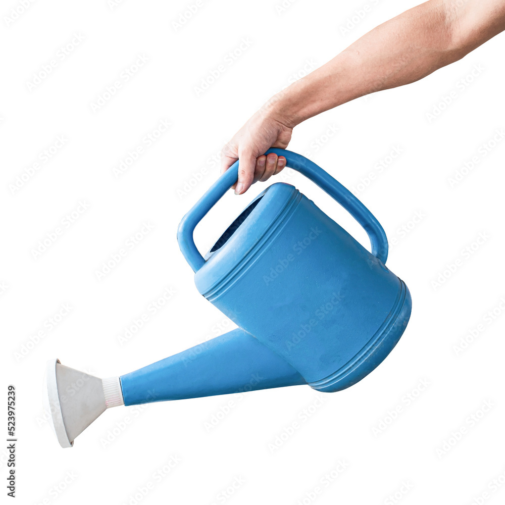 Hand holding a blue watering can on transparent background - PNG format ...