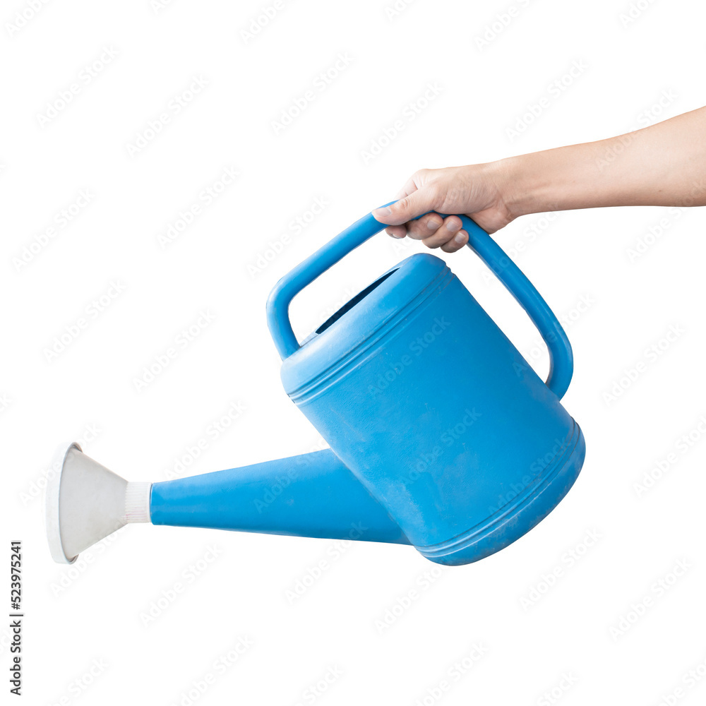 Hand holding a blue watering can on transparent background - PNG format ...