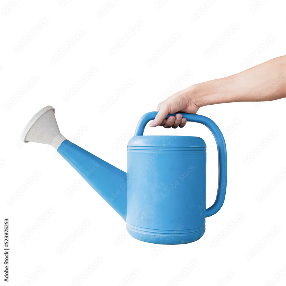 Hand holding a blue watering can on transparent background - PNG format ...