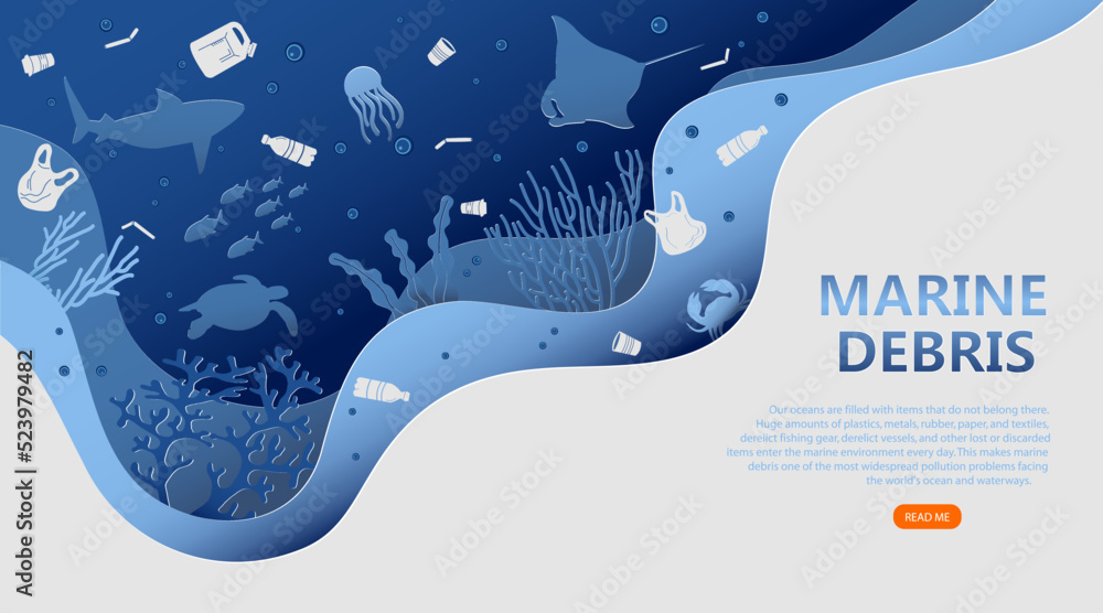Polluted ocean and plastic waste in the ocean.Vector paper cut style ...
