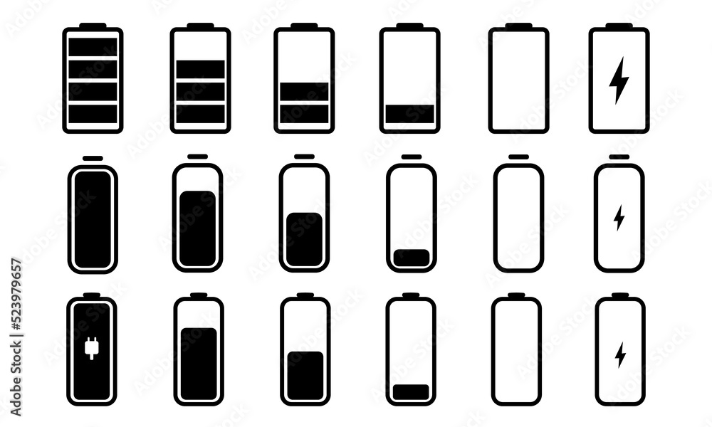 Battery black icon set on white background. Mobile battery level ...