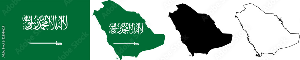 Kingdom of Saudi Arabia KSA National Map Flag Arabian outline black ...