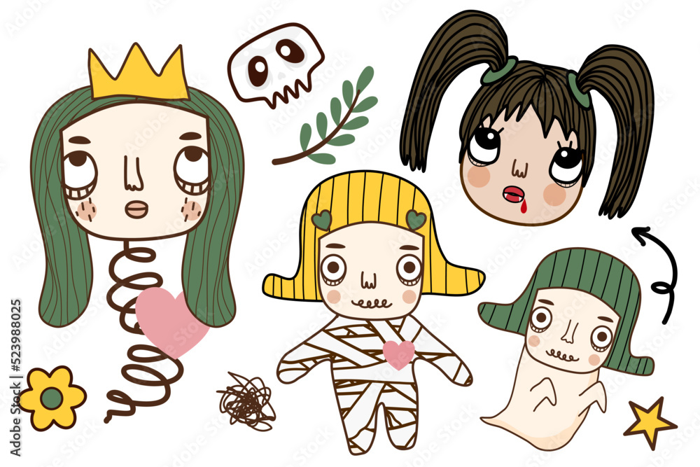 Collection of cute ghost element on white background.hand drawn set of ...