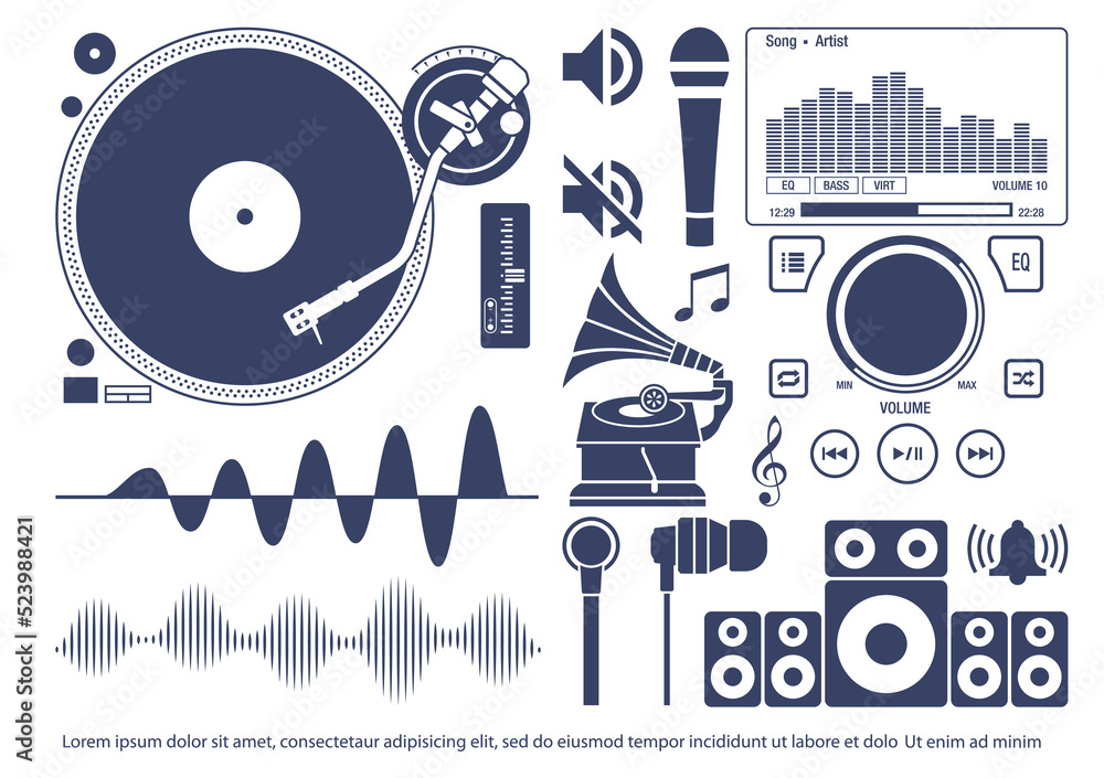 Flat vector icon set - music vector, radio, speaker, settings ...