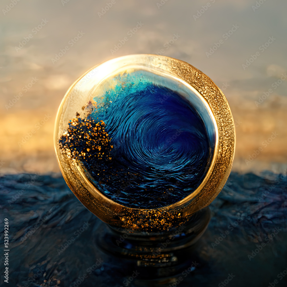 Blue wave with golden sparkles. Beautiful sea background. Water and ...